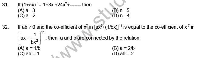 JEE Mathematics Binomial Theorem MCQs Set C with Answers